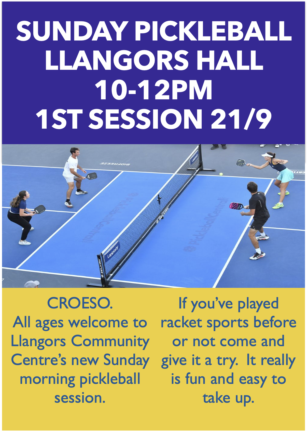 Pickleball – Sunday Mornings at Llangors – Llangors Community Centre ...